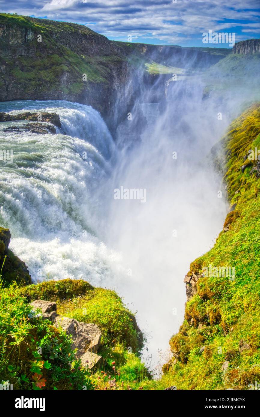 Gullfoss waterfall located in canyon on Hvita river, Iceland - hdr ...