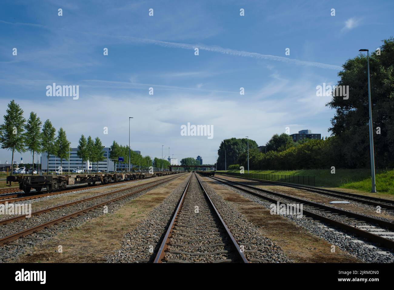 Rotterdam, The Netherlands. Low angle view of long line of freight ...