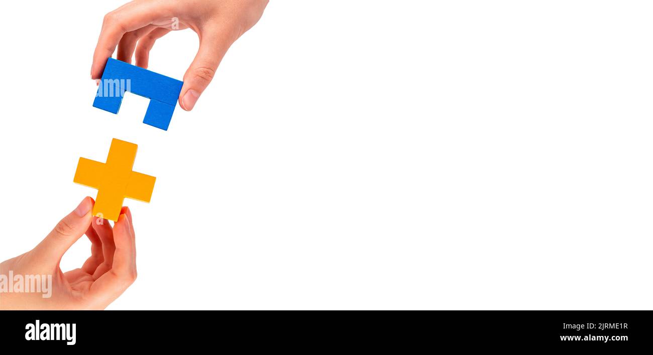 Banner with two hands connecting puzzle pieces isolated on white ...