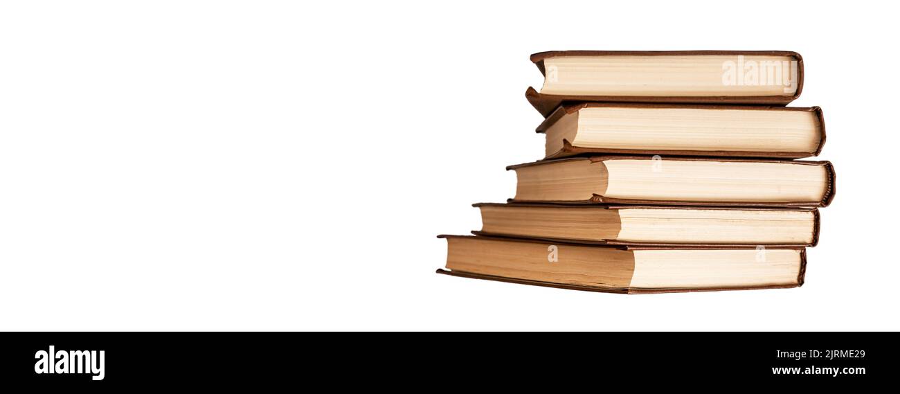 Banner with books stack in brown cover isolated on white background ...