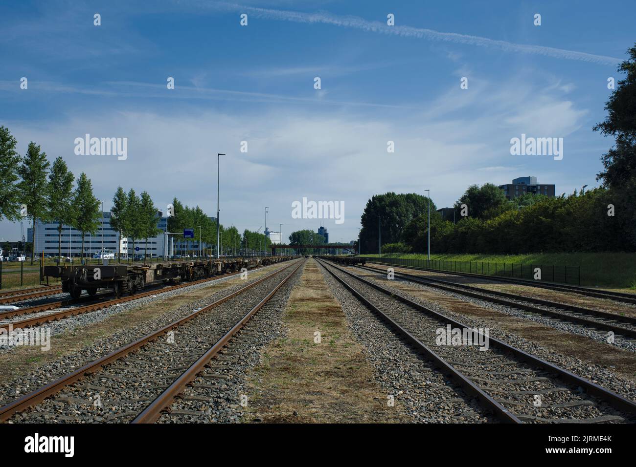 Rotterdam, The Netherlands. Low angle view of long line of freight ...