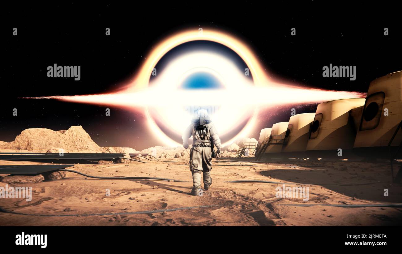 The Astronaut in Space Suit Walking on Mars Planet towards Black Hole ...