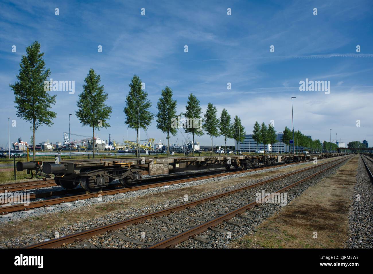 Rotterdam, The Netherlands. Low angle view of long line of freight ...