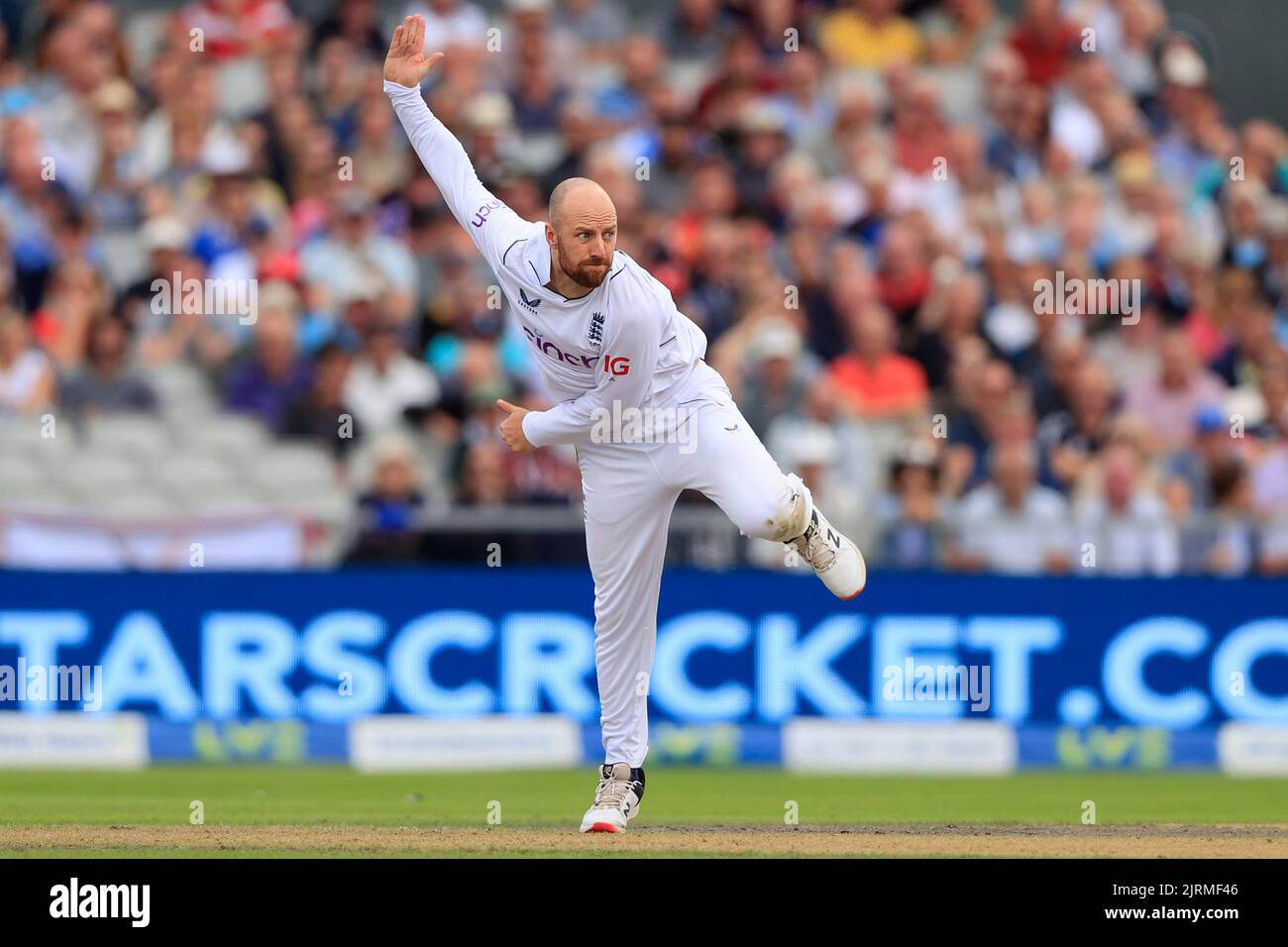 Jack Leach bowling for England Stock Photo - Alamy