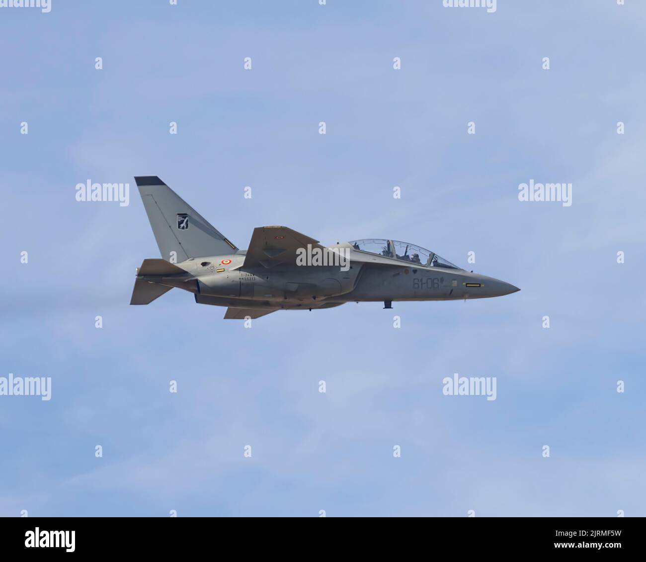 An Italian Aermacchi M-346 Master fast jet trainer displays at the 2022 ...