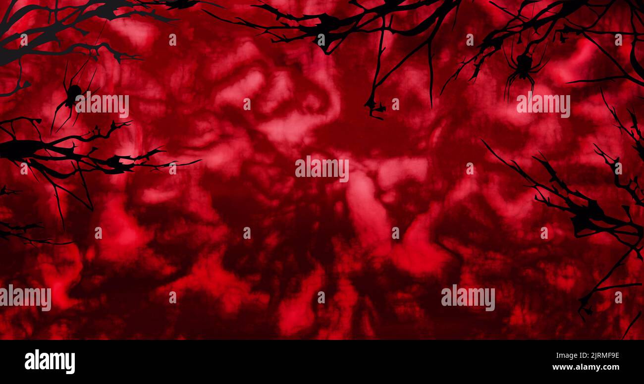 Image of halloween spider and tree branches on red waving background ...