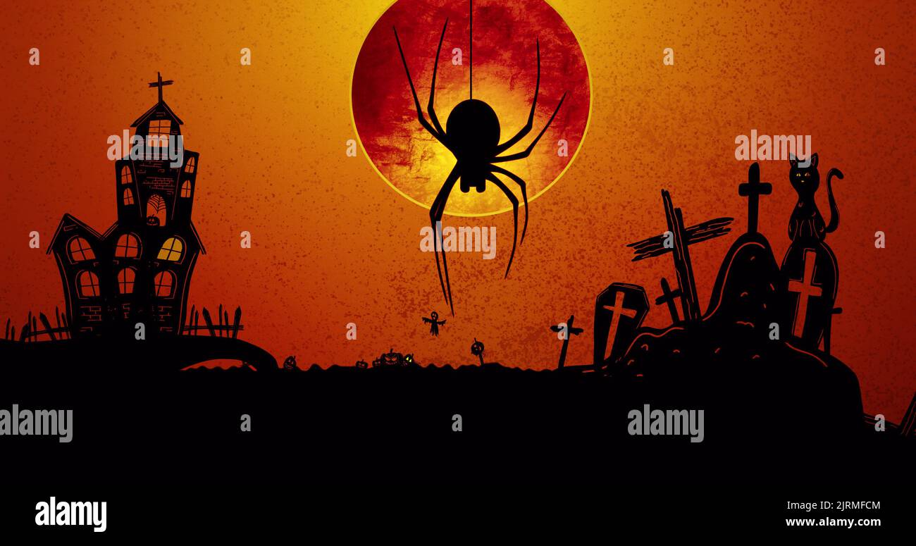 Image of halloween cemetery, ghosts, bats, spider and full moon on ...