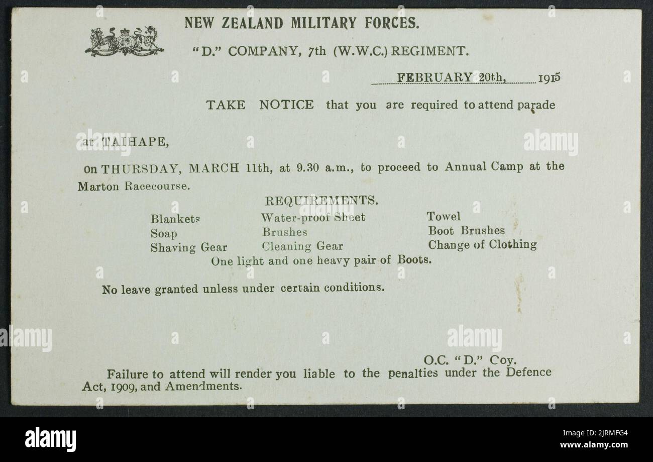 Military notice, circa 1915, New Zealand, by New Zealand Military ...