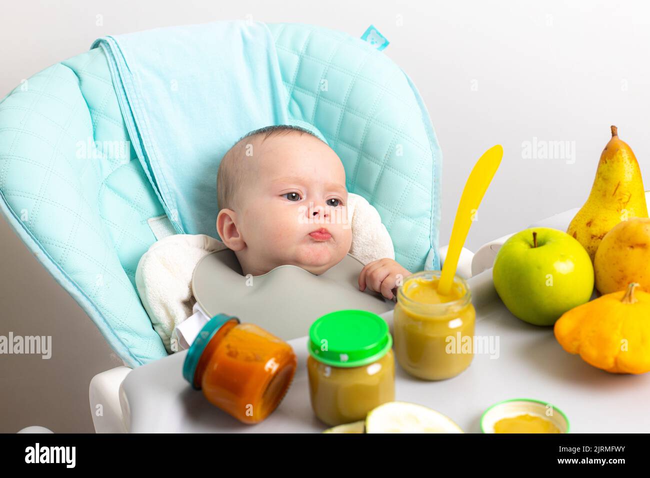 Puree for baby food with vegetables and fruits. Selective focus ...