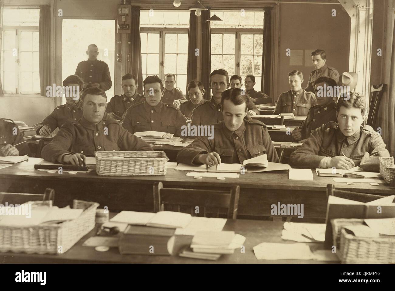 Unidentified WWI soldiers seated in rows in a classroom at Oatlands ...