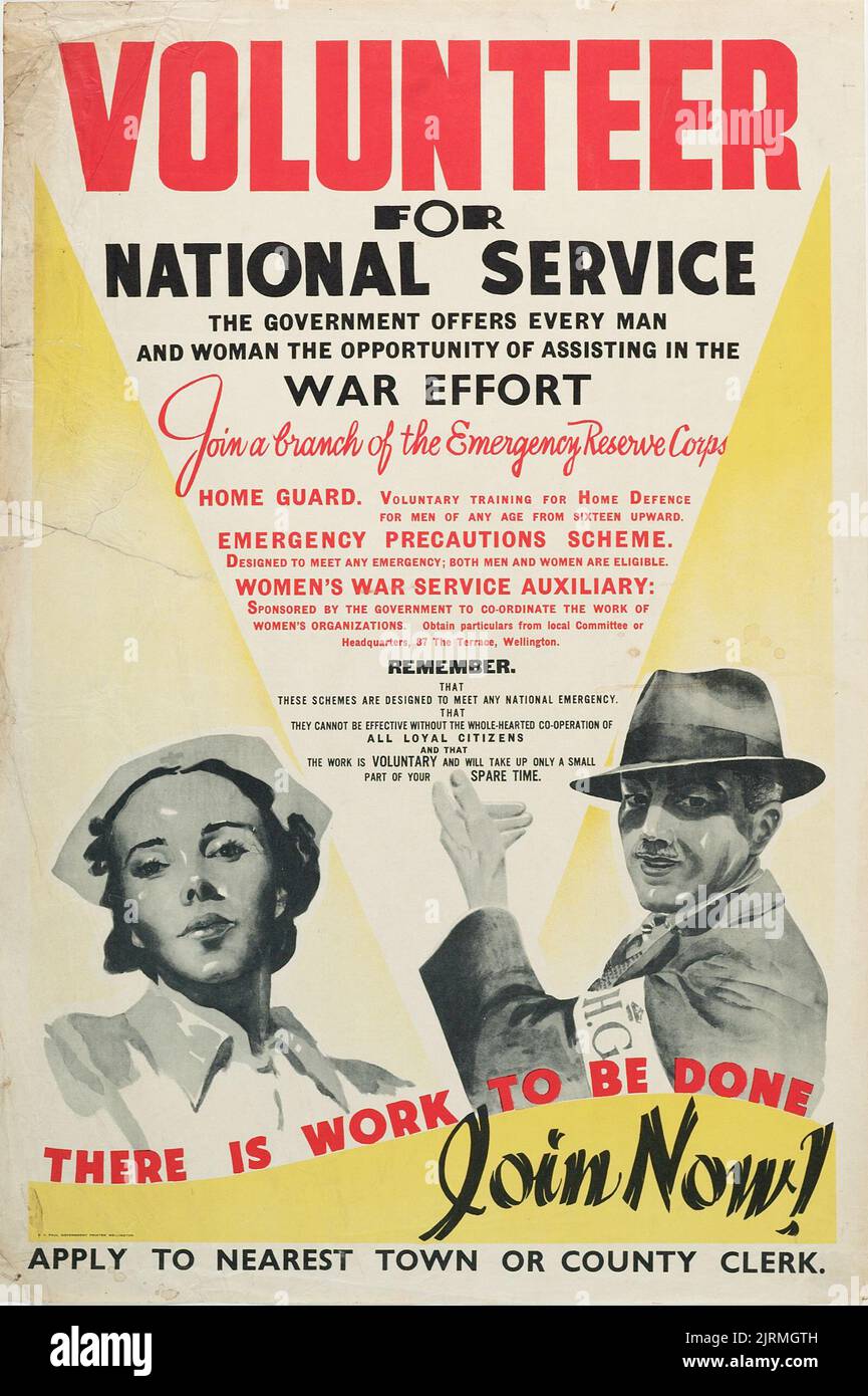 Poster, 'Volunteer For National Service', Late 1940, Wellington, by E ...