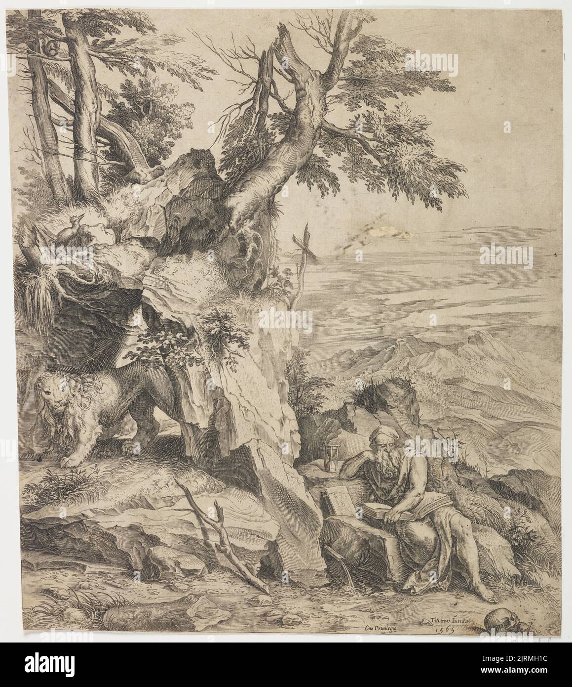 St Jerome reading in the desert, 1565, by Cornelis Cort, Titian Vecelli ...
