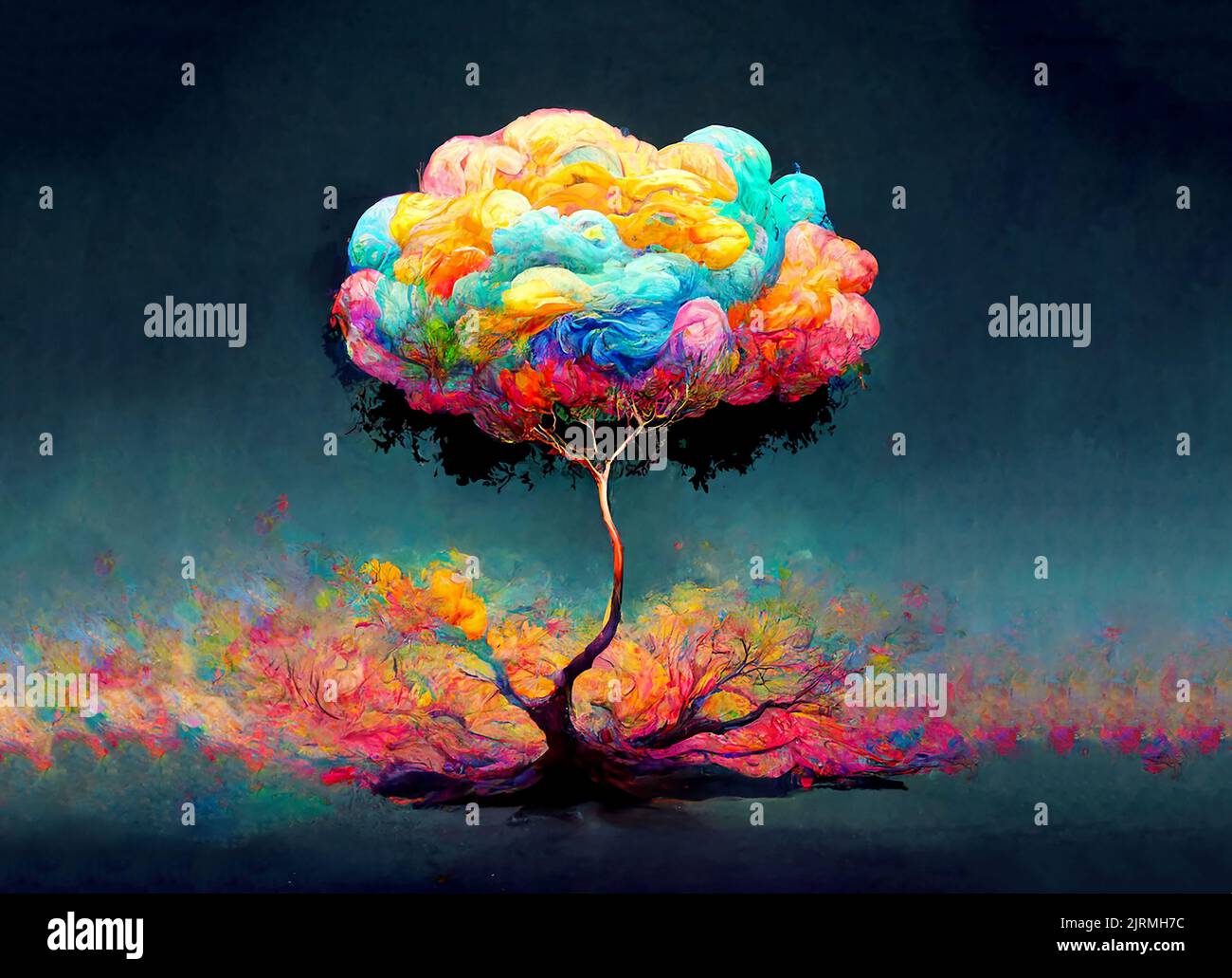 Colorful dreamlike tree with copy space, cloud in rainbow colors ...