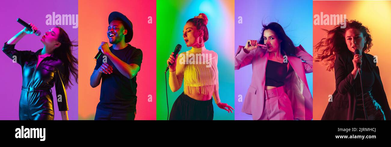 Portraits of pop and rock musicians, singers with microphone singing ...