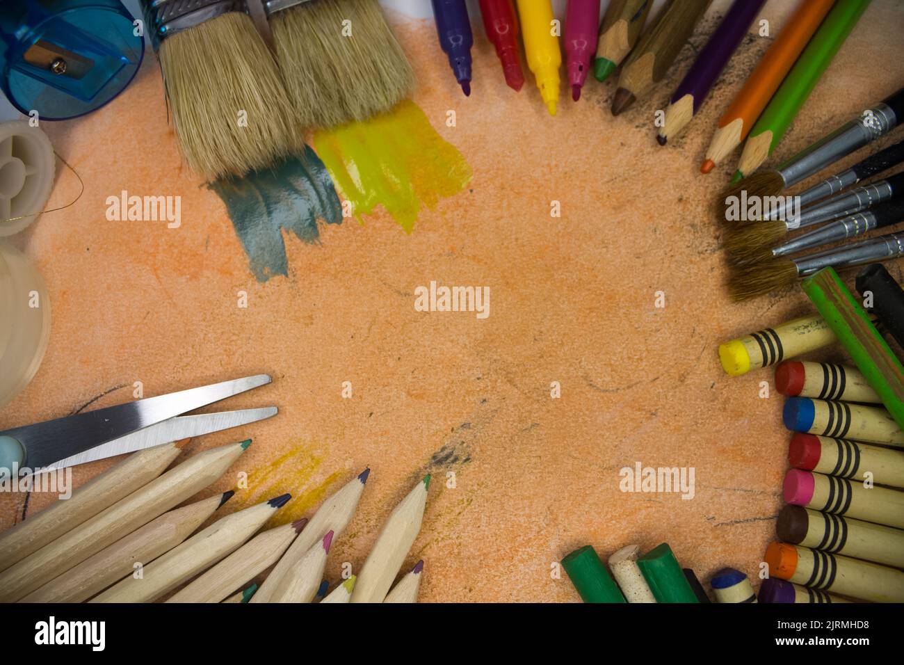 Overhead shot of school supplies, brushes, pencils, artistic tools. Art ...