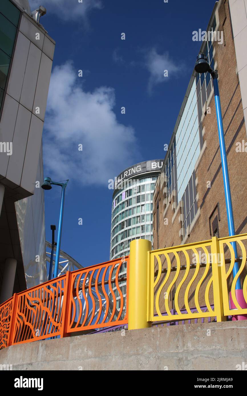 Multicolored railings on pedestrian walkway from area outside Moor ...
