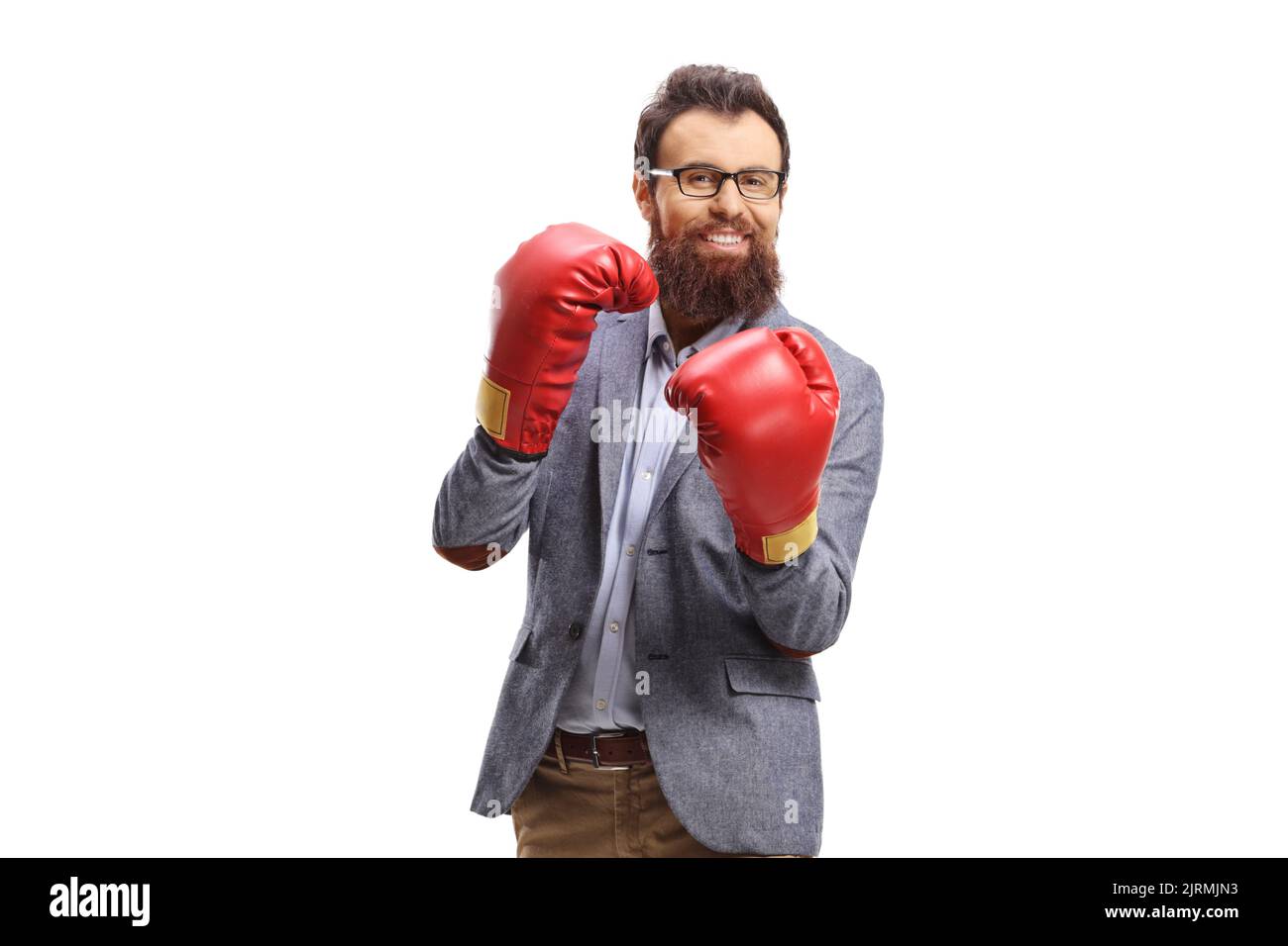 Smiling bearded man with boxing gloves standing in guard isolated on ...