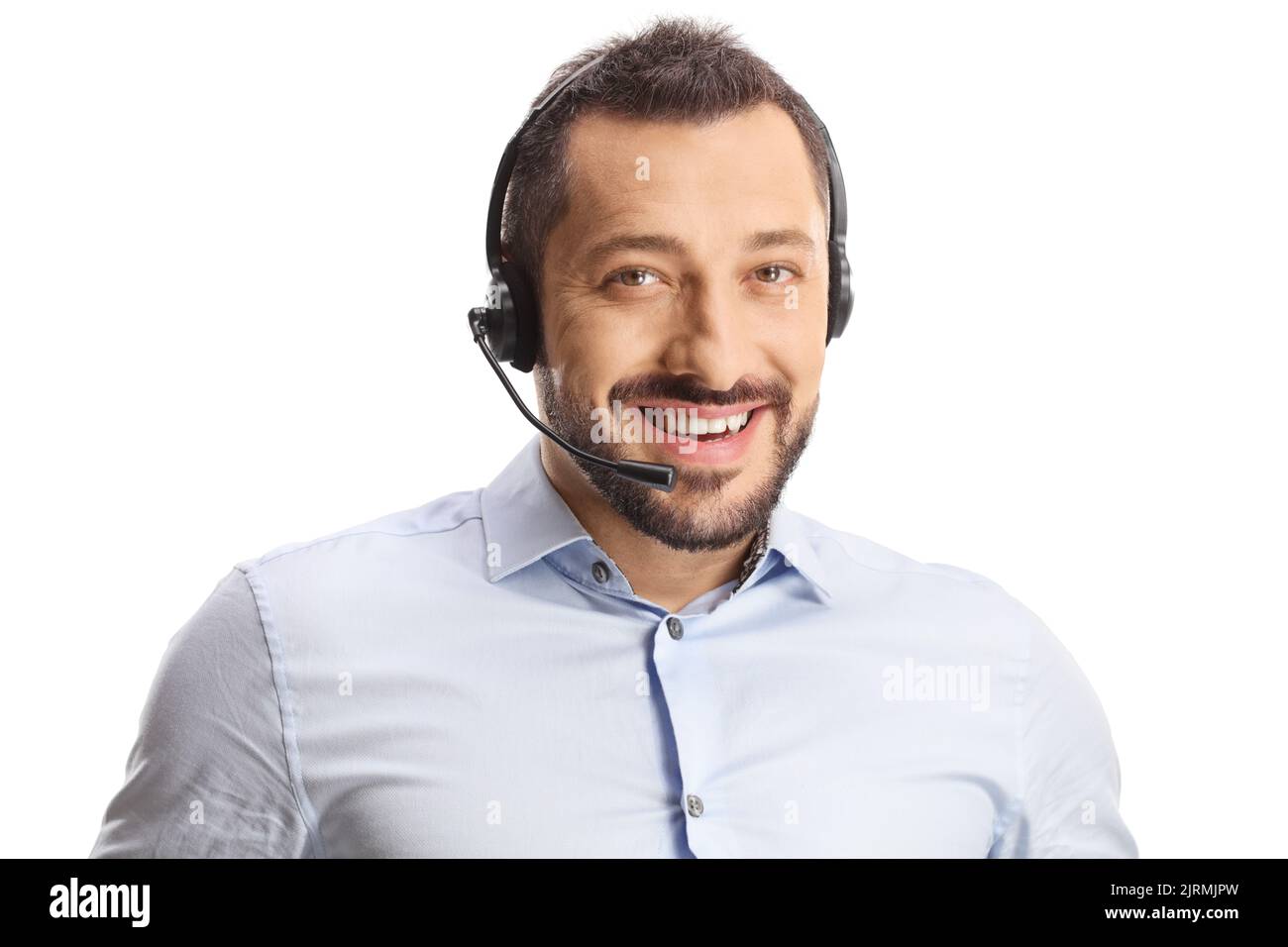 Smiling man wearing a headset with hands free microphone isolated on white background Stock ...
