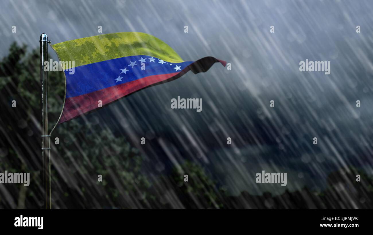 flag of Venezuela with rain and dark clouds, thunderstorm forecast ...