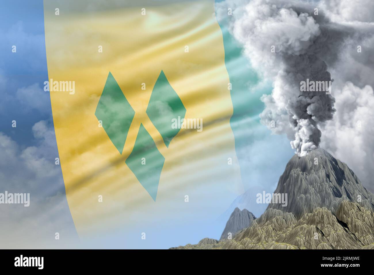 volcano eruption at day time with white smoke on Saint Vincent and the ...
