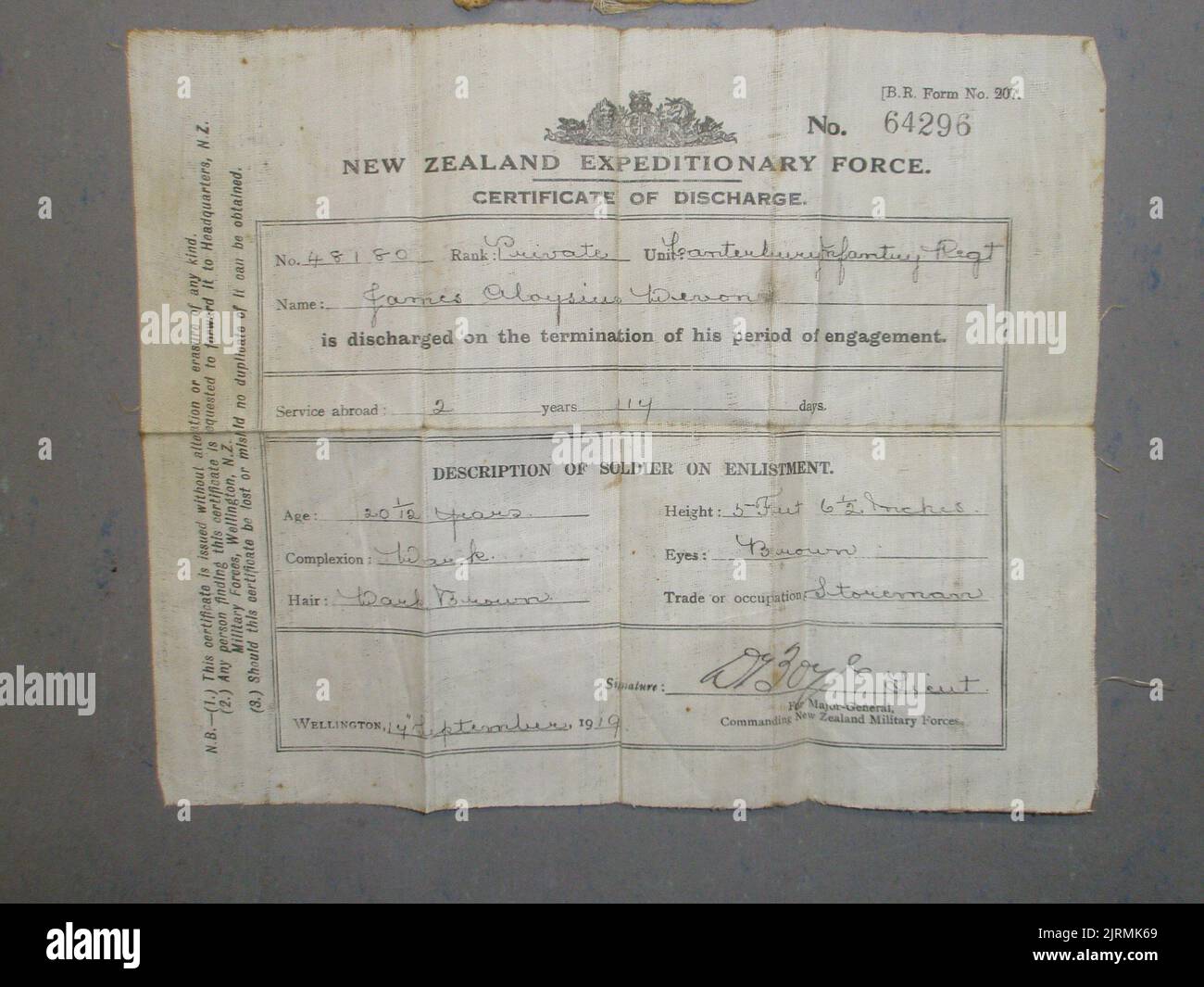 Certificate of Discharge and envelope, 1919, New Zealand, by First New ...