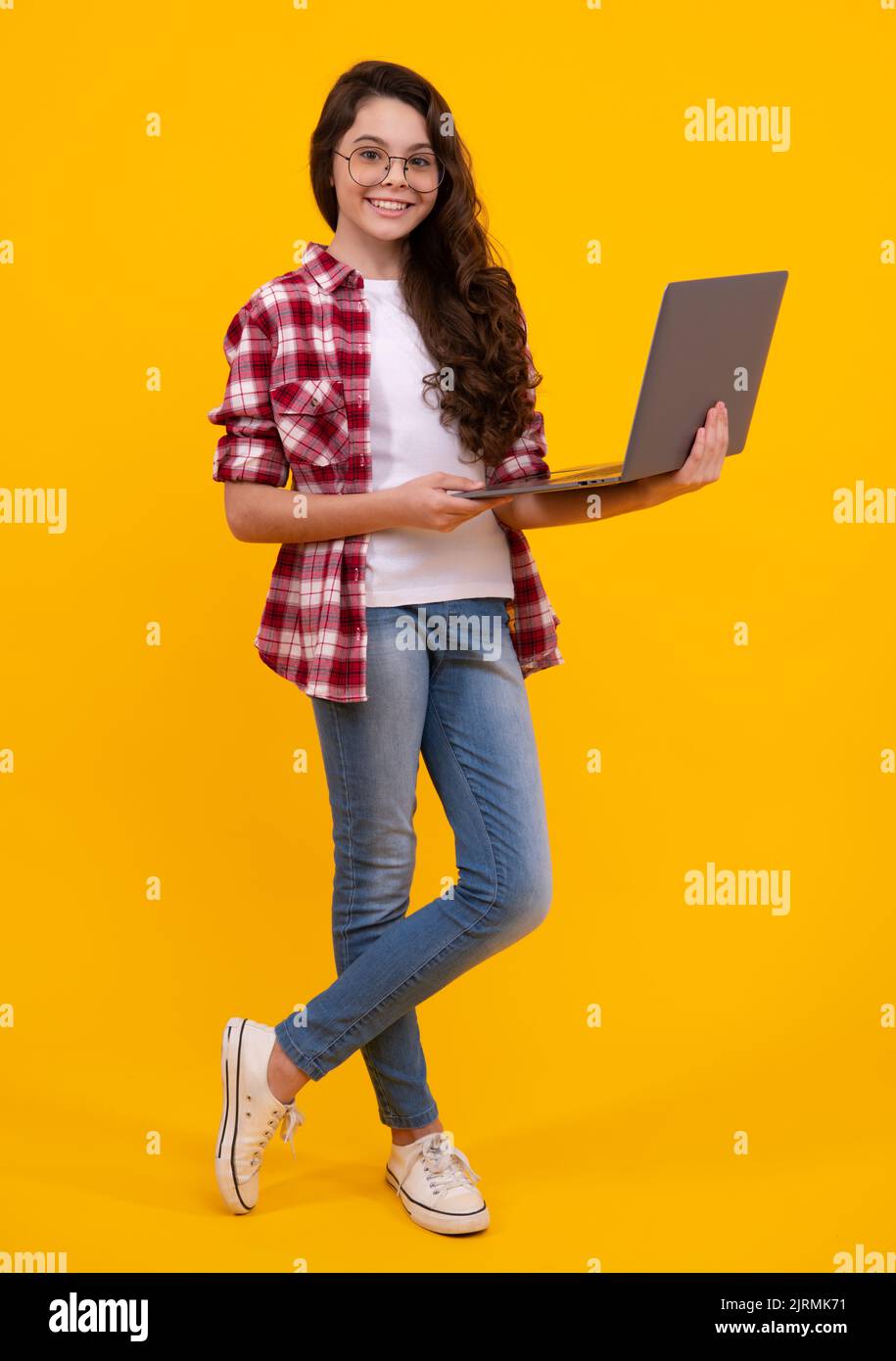 Student school girl with laptop on isolated studio background. Video ...