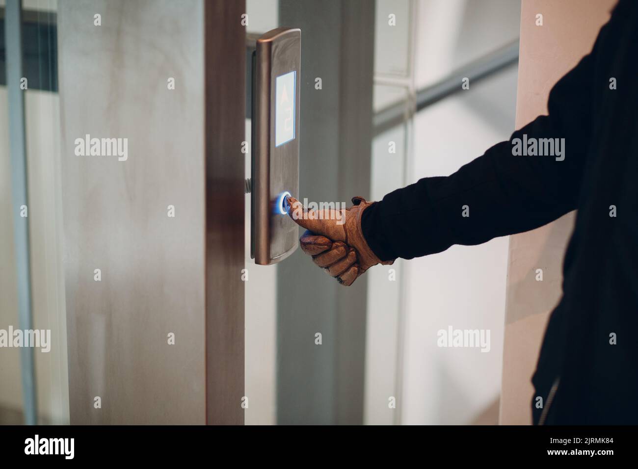 Close up of forefinger pressing the button elevator during coronavirus ...