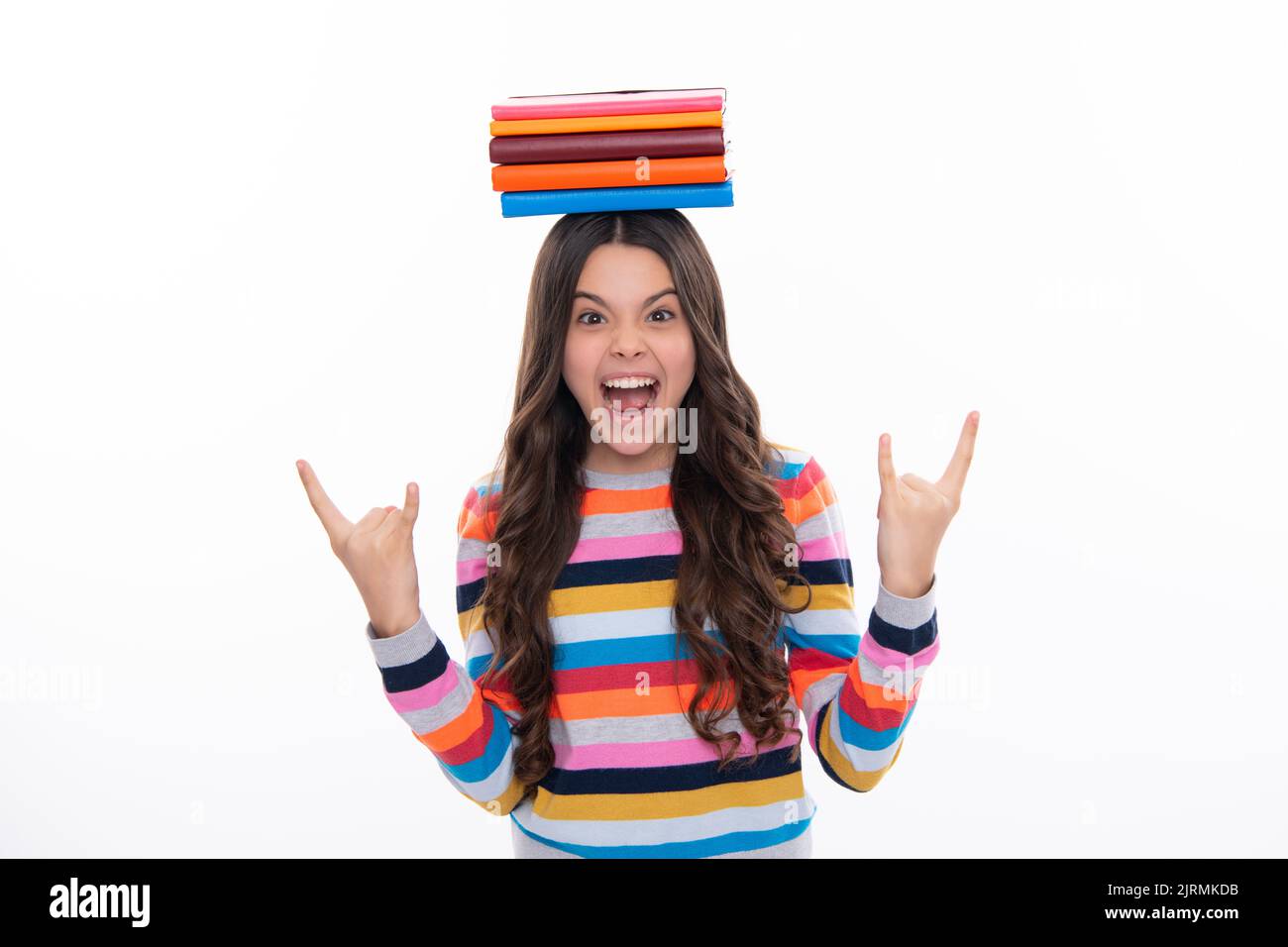Schoolgirl with copy book posing on isolated background. Literature ...