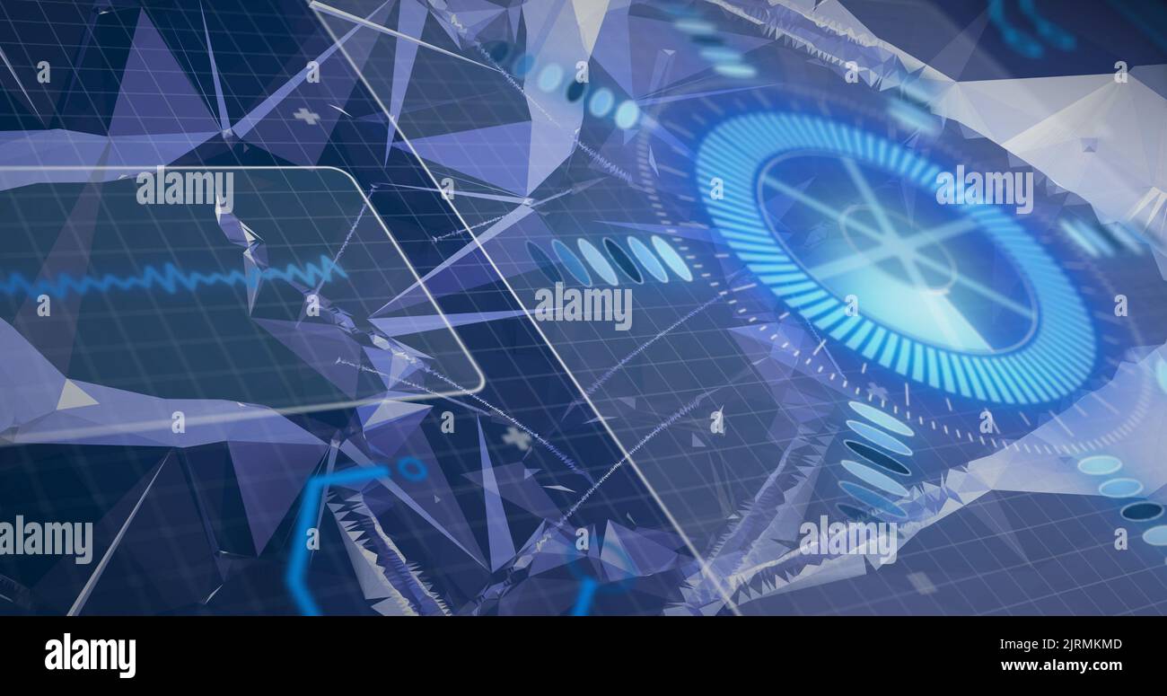 Digital image of virtual glowing blue technological circle with various ...