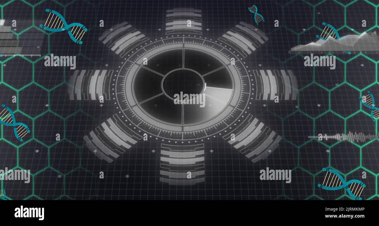 Digital composite image of circular pattern with dna and hexagon shape ...