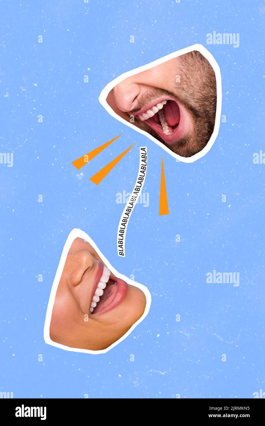Image painted collage of lady guy half face speaking to each other ...