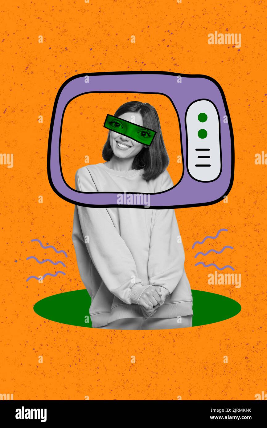 Artwork collage of lady standing inside painted television broadcasting ...
