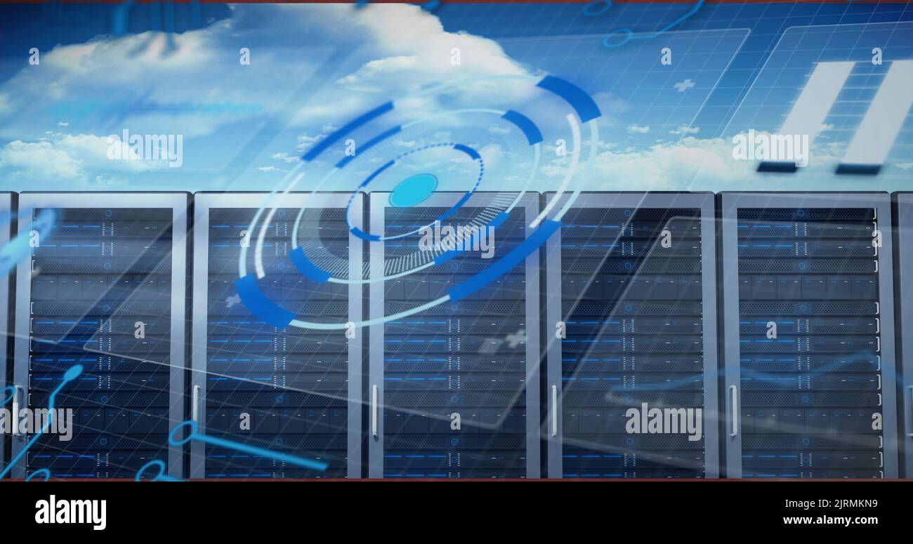 Vector image of blue virtual circles with display board and clouds ...