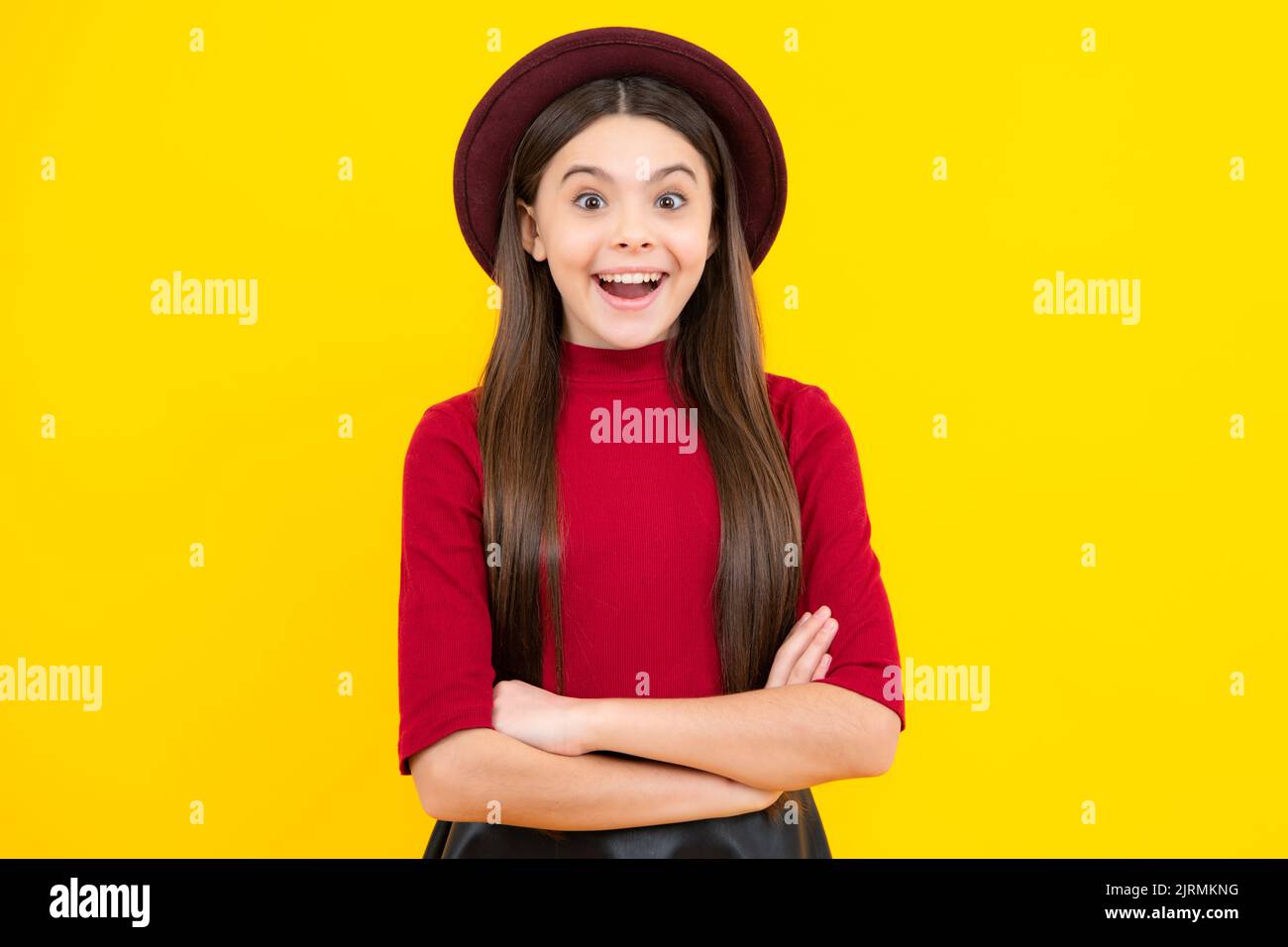 Happy teenager portrait. Smiling girl. Confident child keep arms ...