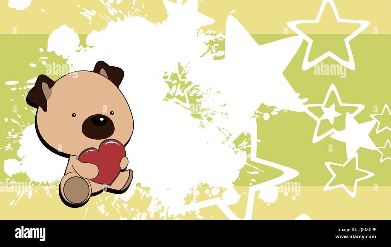 sitting chibi baby pug dog character cartoon holding love red heart ...