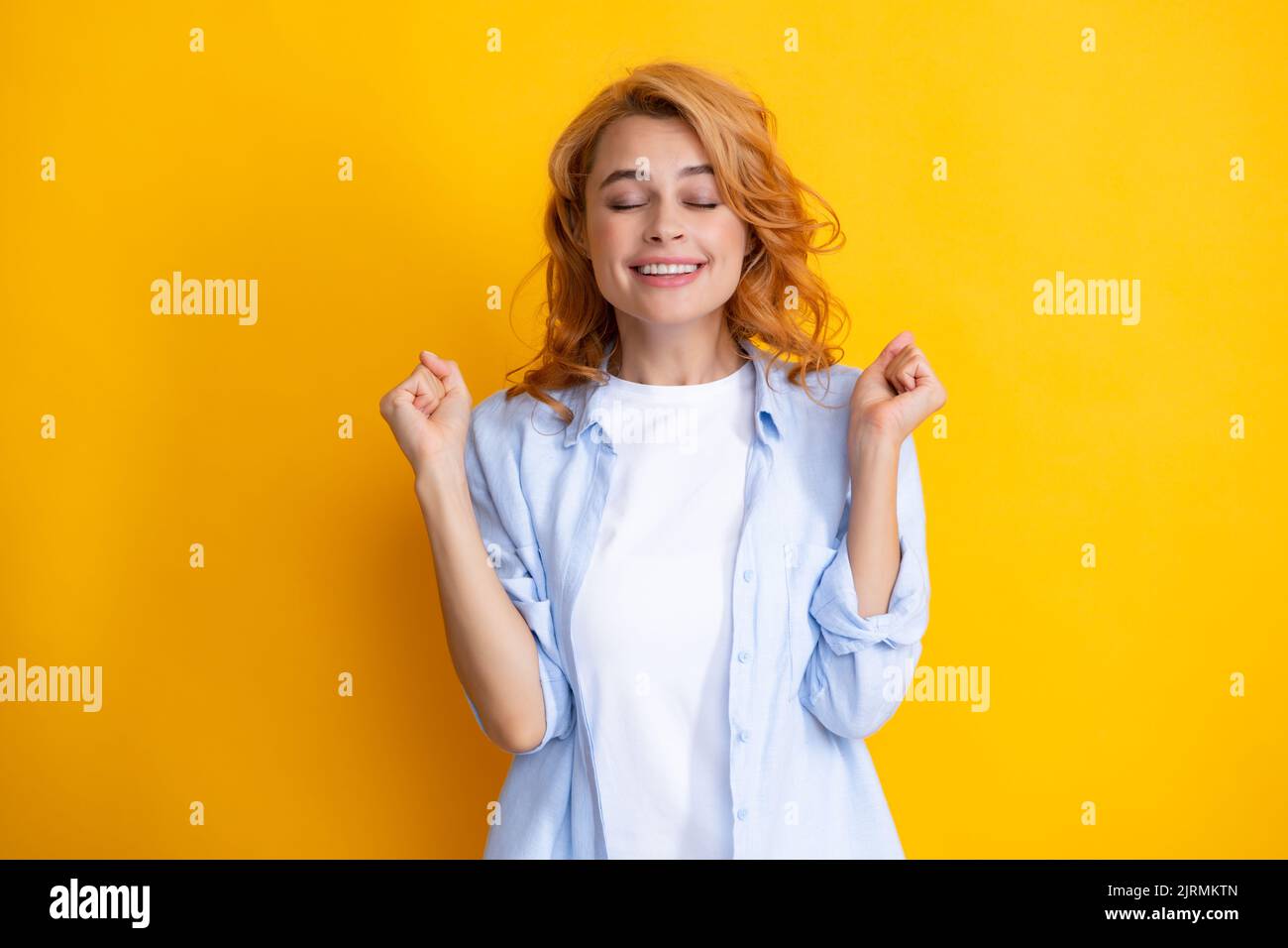 Portrait of funny woman with good luck, isolated background. Headshot ...