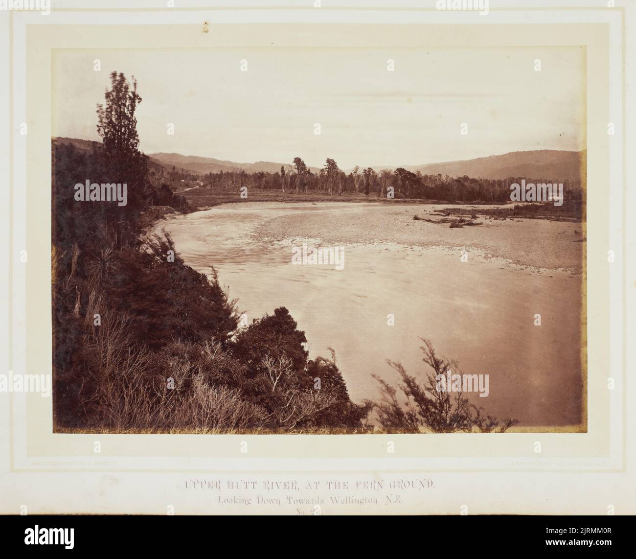 Upper Hutt River at the Fern Ground, looking down towards Wellington ...