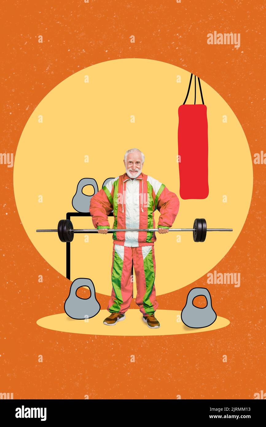 Creative vertical banner collage of strong retired man bodybuilder ...