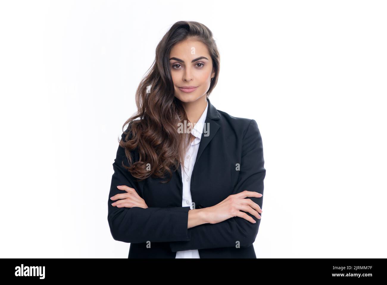 Portrait of business woman in suit crossed arms. Confidence ...