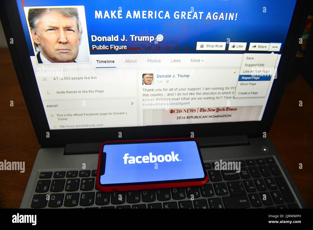 In this photo illustration, a Facebook logo is seen displayed on a smartphone screen and Donald ...