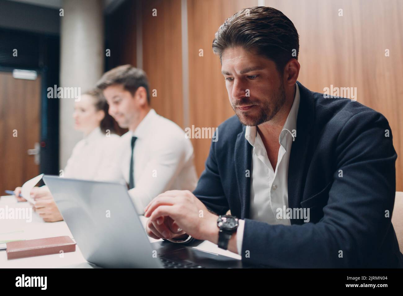 Businessman and businesswoman team at office meeting. Business people ...