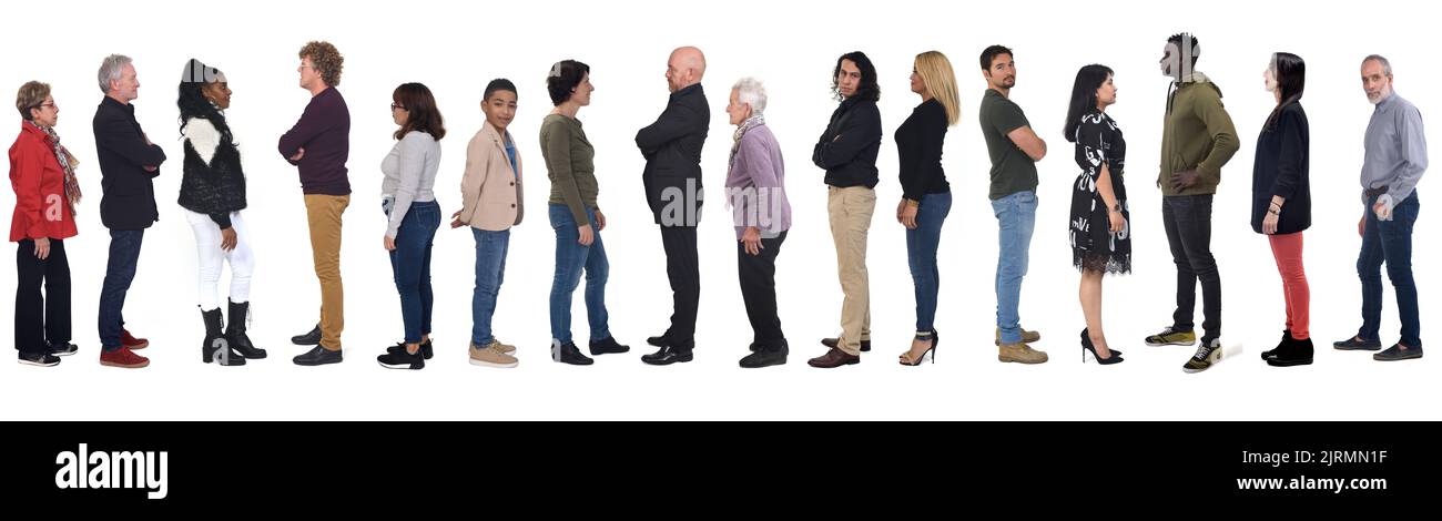 side view of large group of mixed people on white background Stock ...