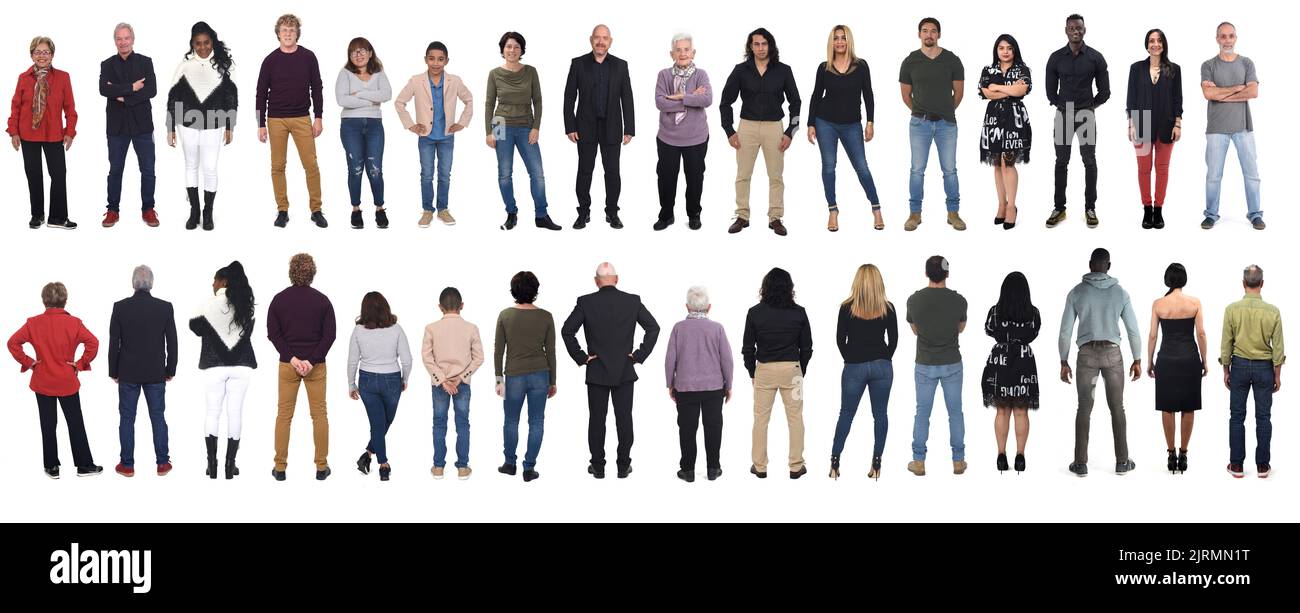 front and back view of same group of people on white background Stock ...