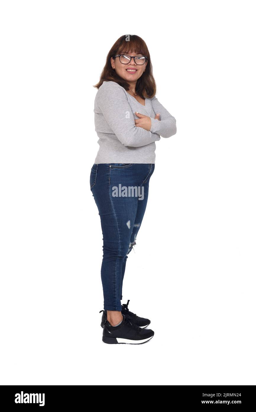 side view of a woman looking at camera on white background Stock Photo ...