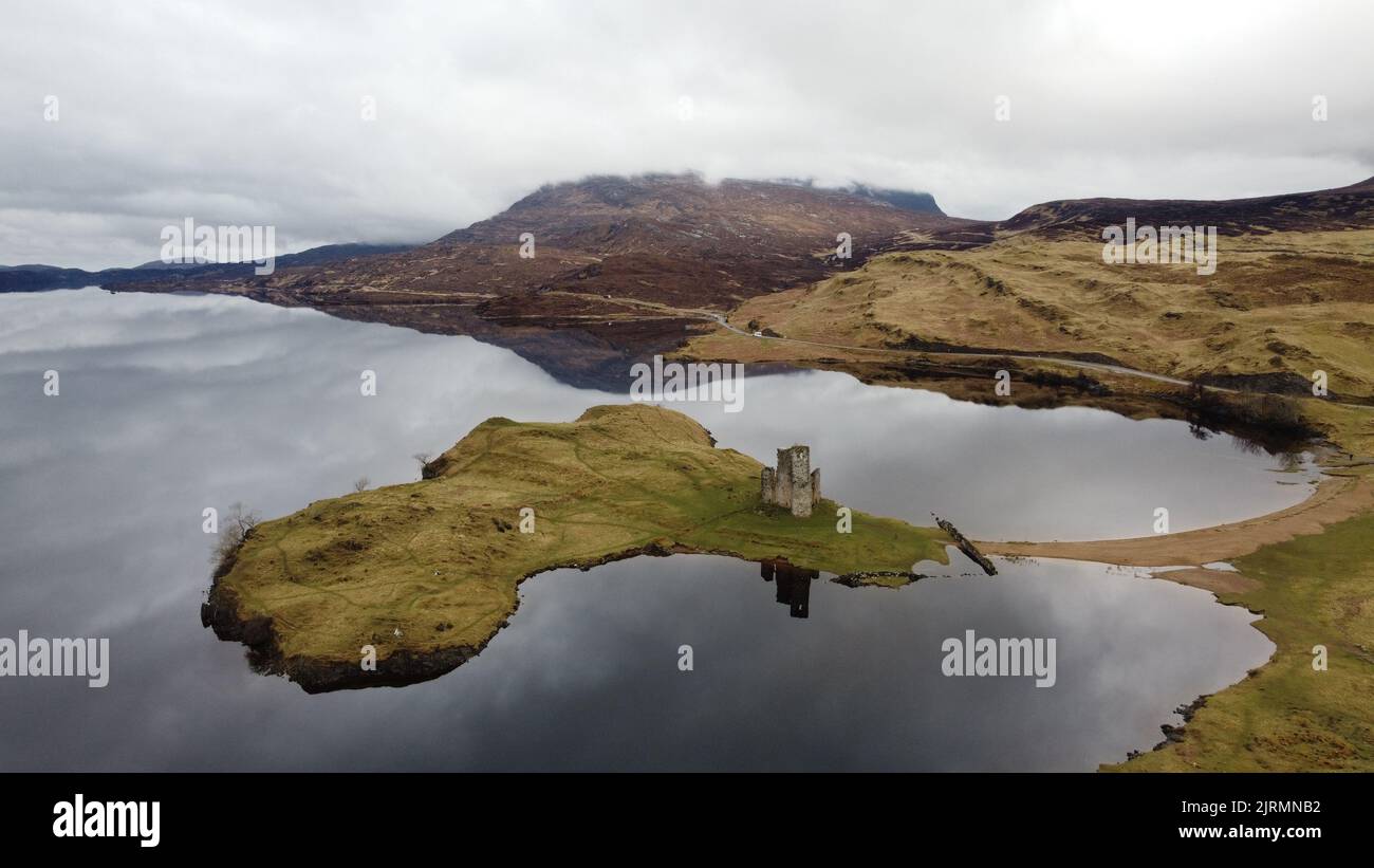 An aerial view of the Ardvreck Castle, Loch Assynt in Sutherland ...