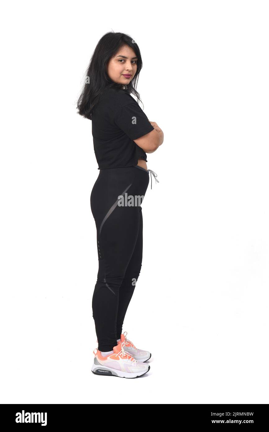 full portrait of a latin woman sportswear on white background Stock ...