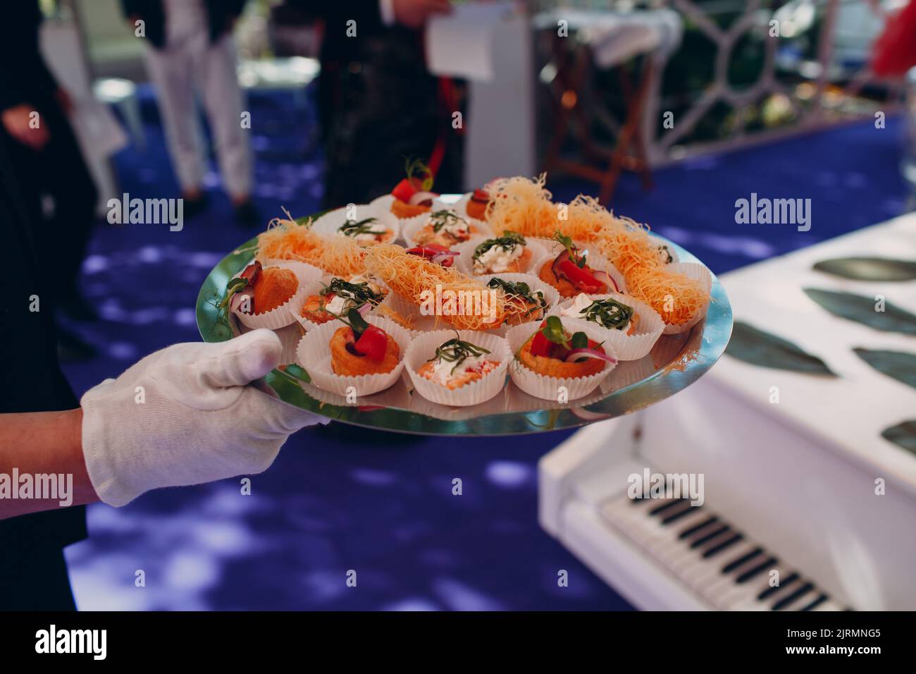 Food catering appetizers snacks on a tray in the waiter hand Stock ...