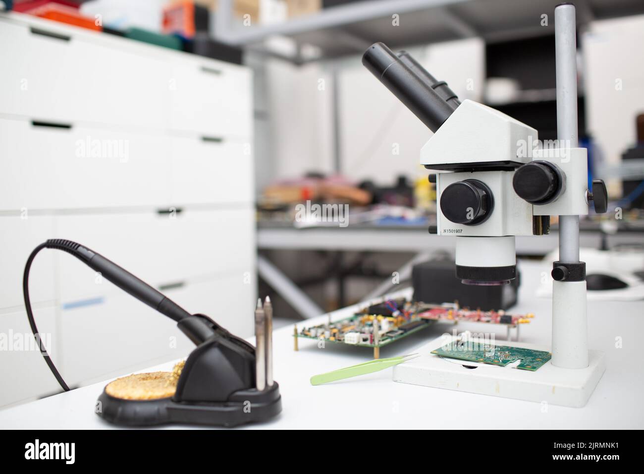 Microscope in Scientific research tech Laboratory on table Stock Photo ...