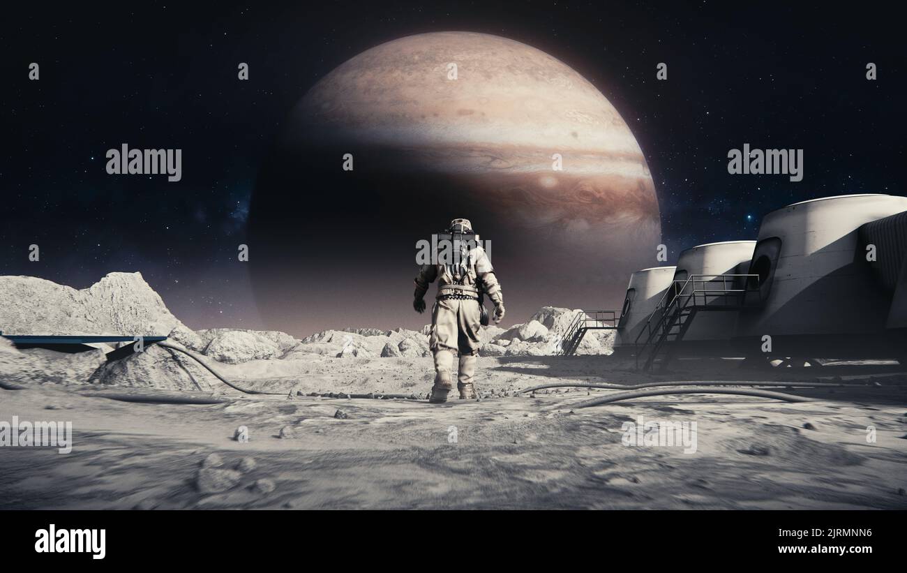 An Astronaut in a space suit walking on the moon's surface towards the ...