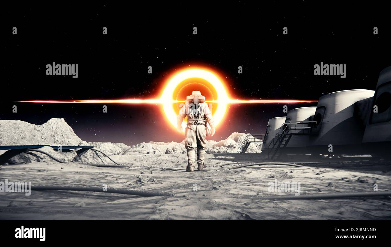 An Astronaut in a space suit walking on the moon's surface towards the ...